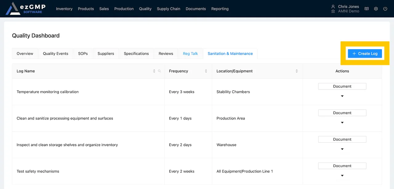 Setting up Sanitation & Maintenance Logs - ezGMP