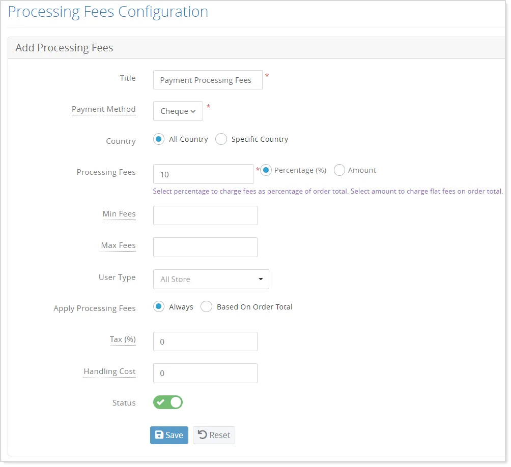 Processing Fees - User Manual