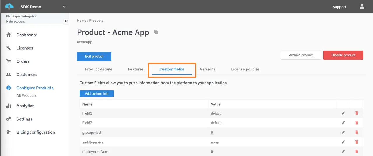 Product Custom Fields - LicenseSpring Documentation