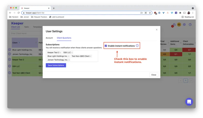Notifications when your client responds - Keeper Docs
