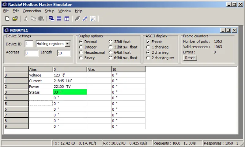 Radzio! Modbus Master Simulator - BridgeX LoRaWAN 2 PLC / SCADA