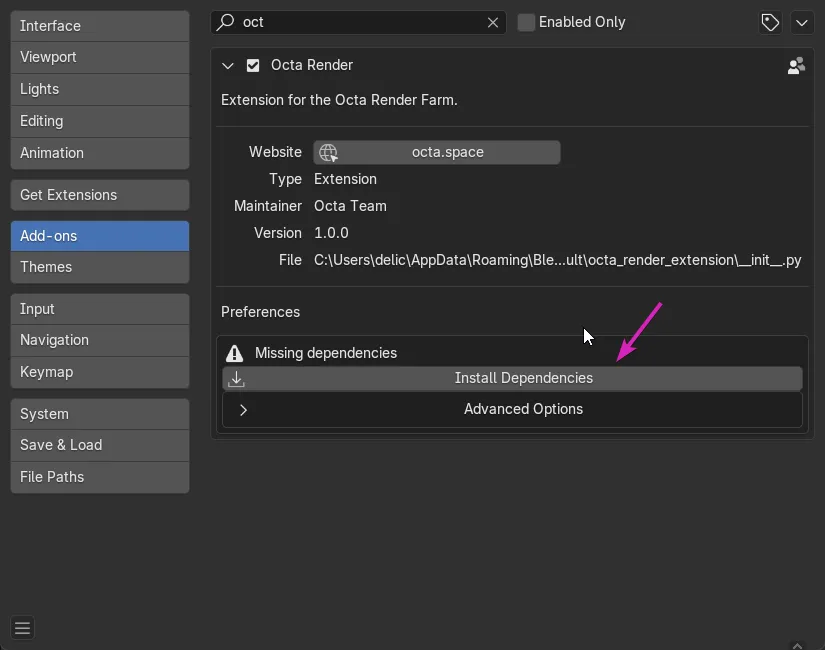 Setup add-on - OctaSpace