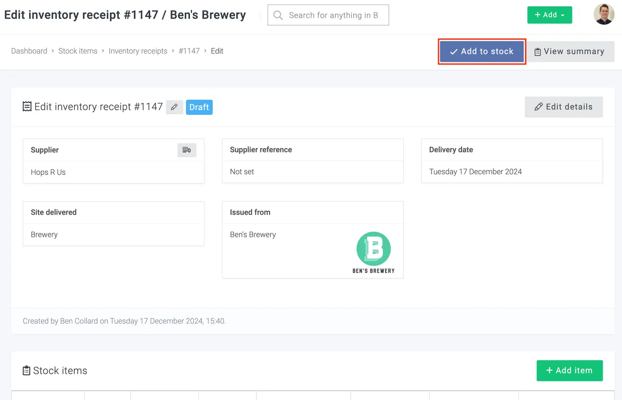 Inventory receipts - Breww docs