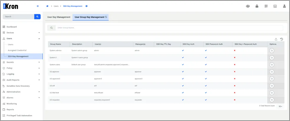 Main Pane with Search Function - Kron PAM - Getting Started Guide