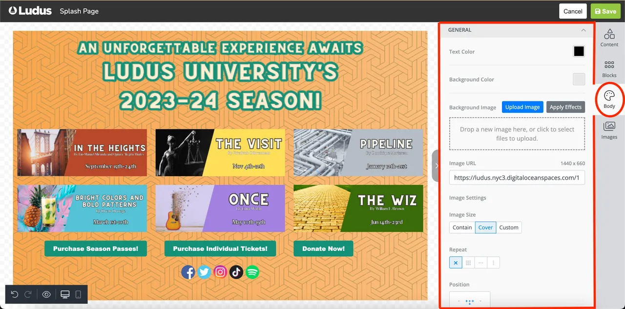Basics of the Splash Page design tool - Ludus Manual