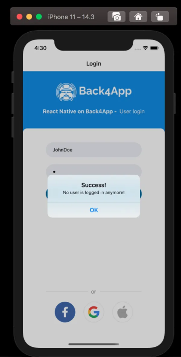 User LogIn and LogOut for React Native - Back4app Backend