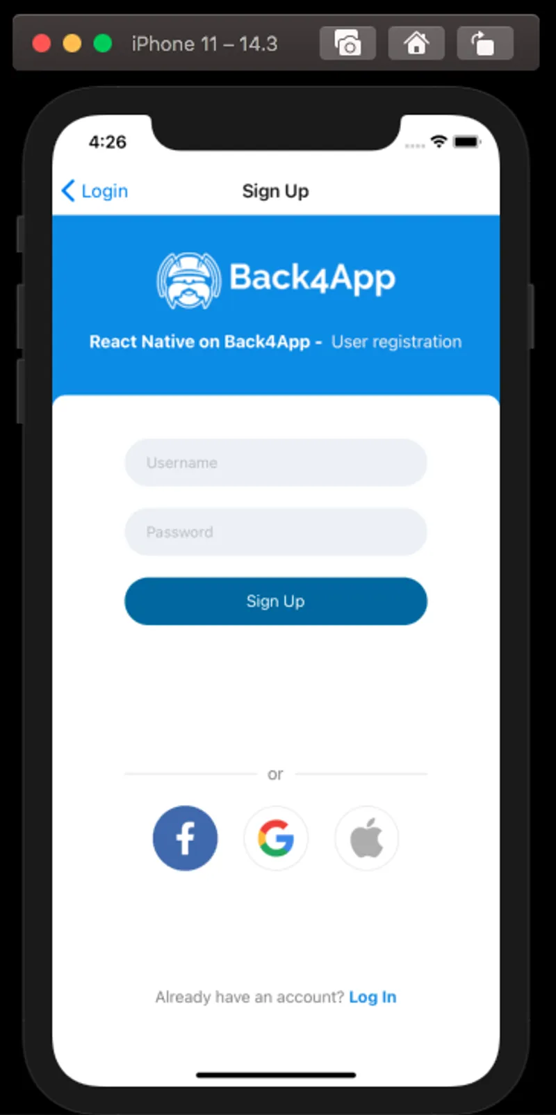 User LogIn and LogOut for React Native - Back4app Backend