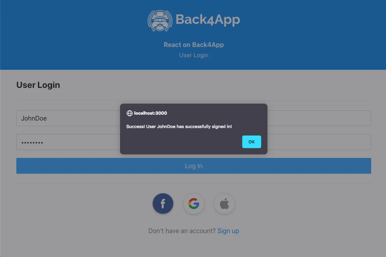 User LogIn and LogOut for React - Back4app Backend