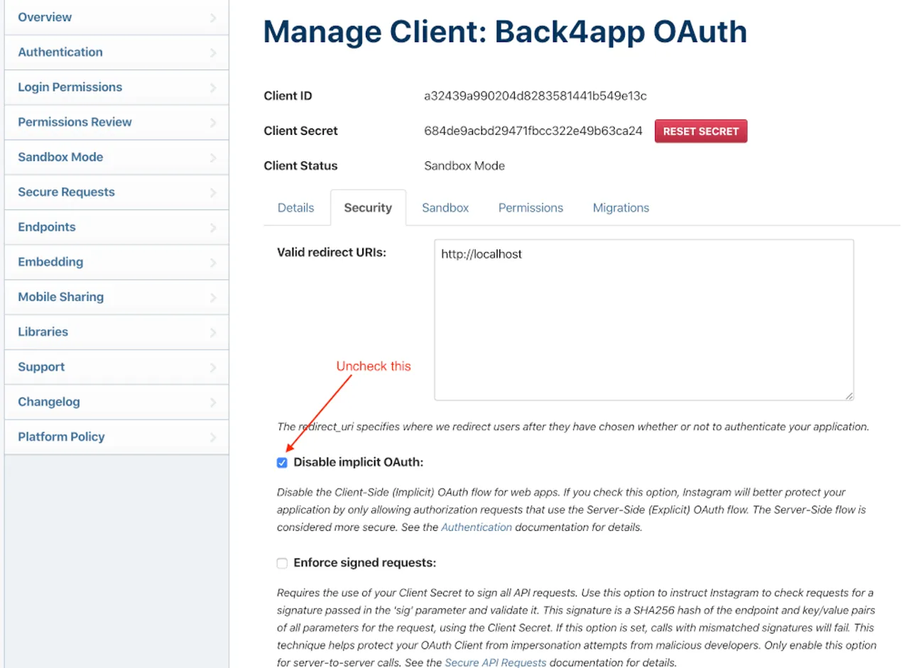 Instagram OAuth Tutorial - Back4app Backend